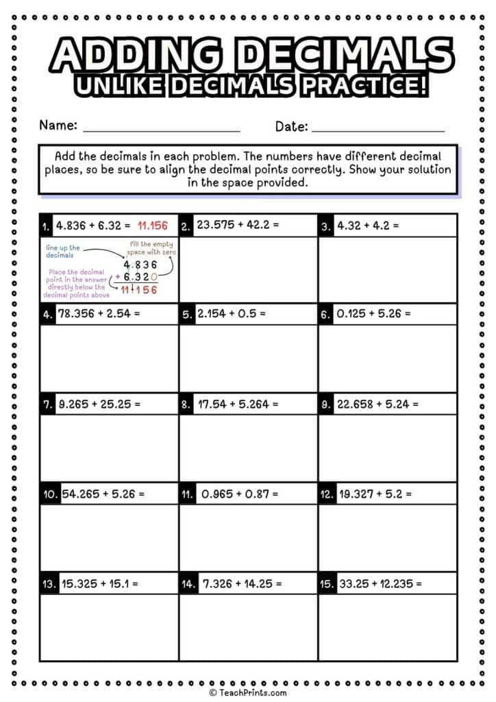 Free Adding Decimals Worksheets - Teach Prints