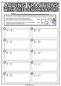 Free Adding Fractions with Like Denominators Worksheets - Teach Prints