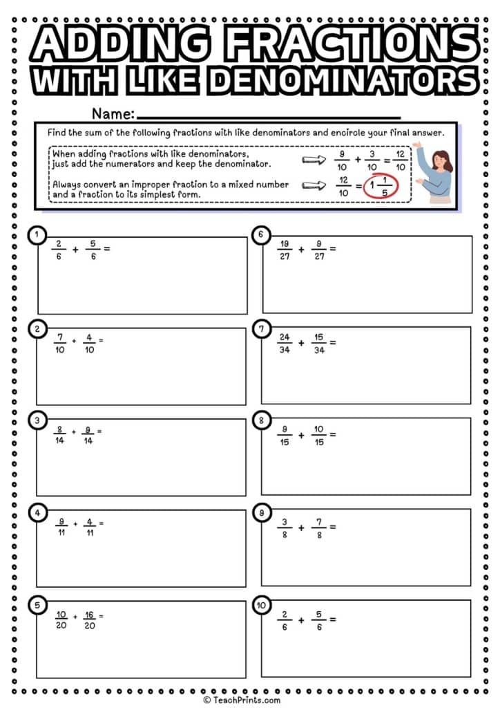 Free Adding Fractions with Like Denominators Worksheets - Teach Prints