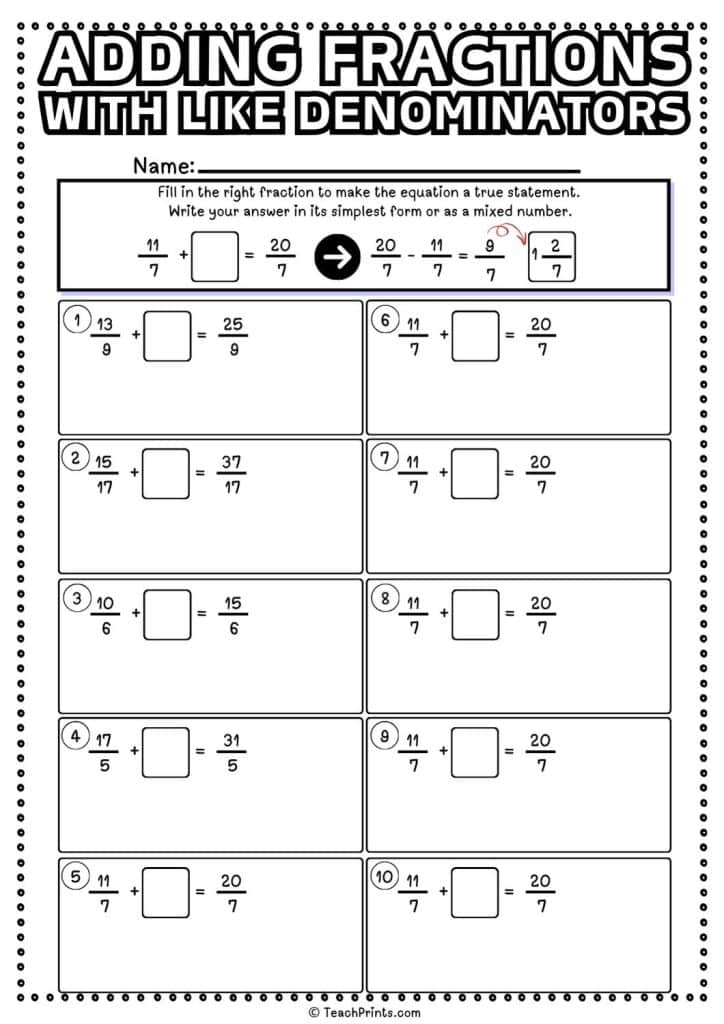 Free Adding Fractions with Like Denominators Worksheets - Teach Prints