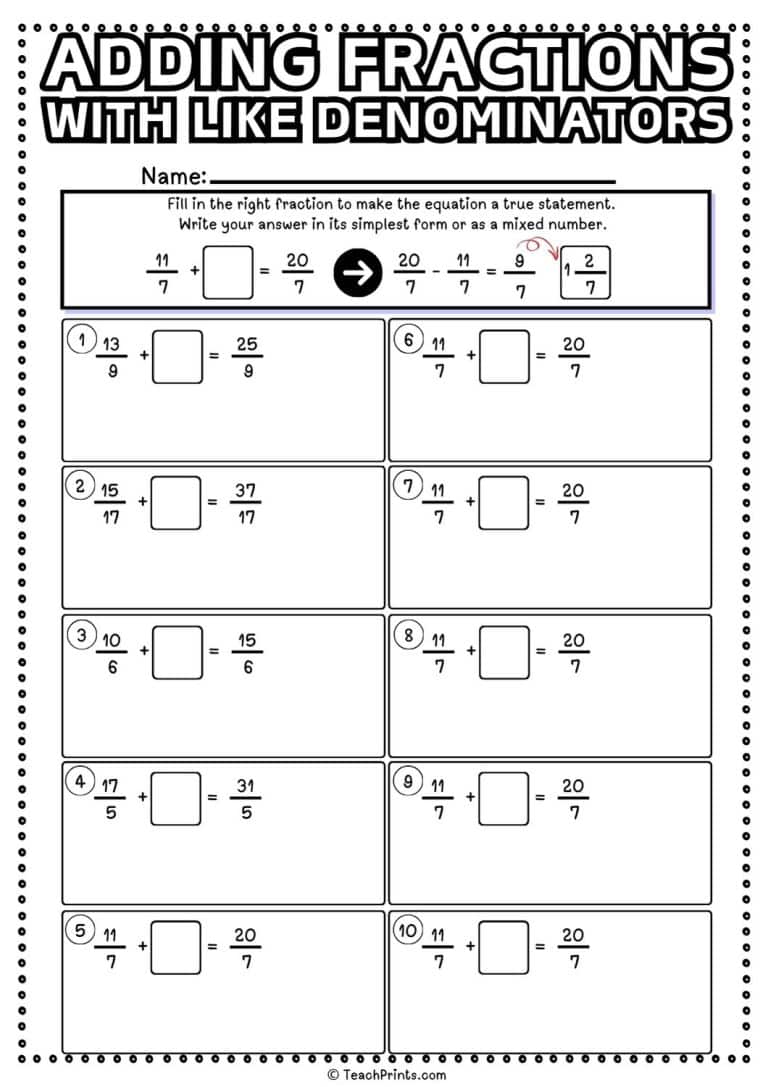 Free Adding Fractions with Like Denominators Worksheets - Teach Prints