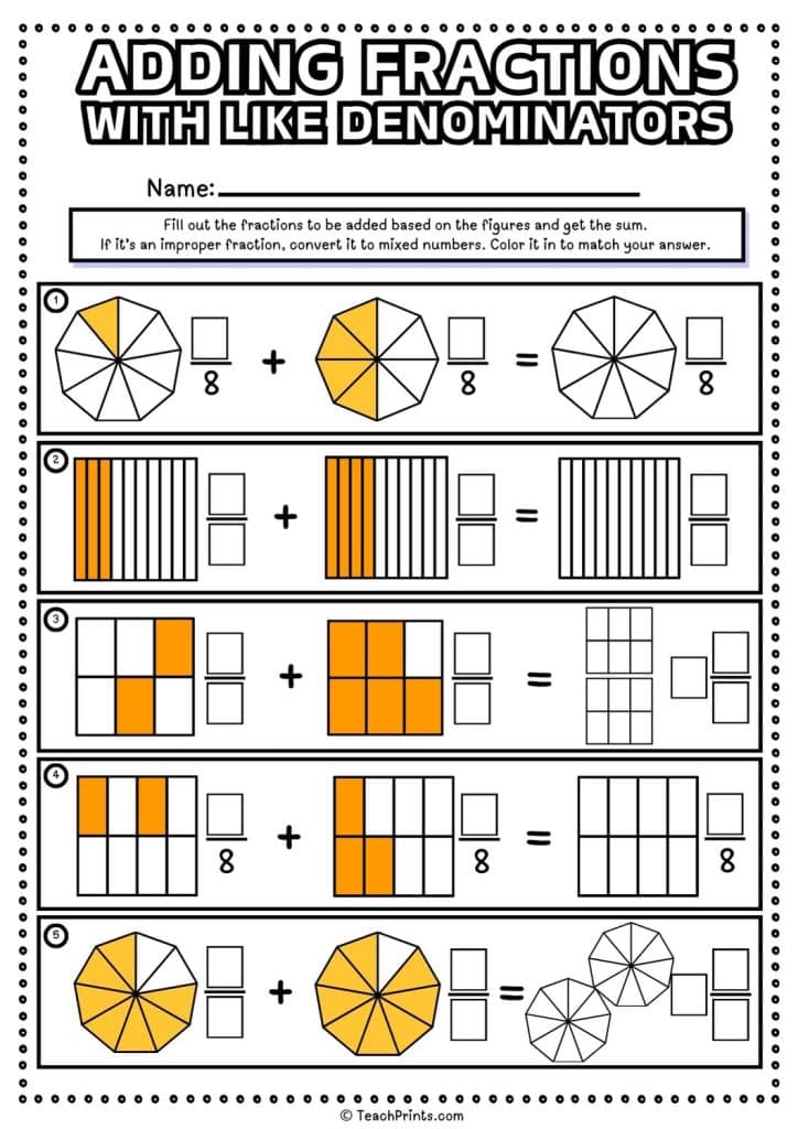 Free Adding Fractions with Like Denominators Worksheets - Teach Prints