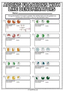 Free Adding Fractions with Like Denominators Worksheets - Teach Prints