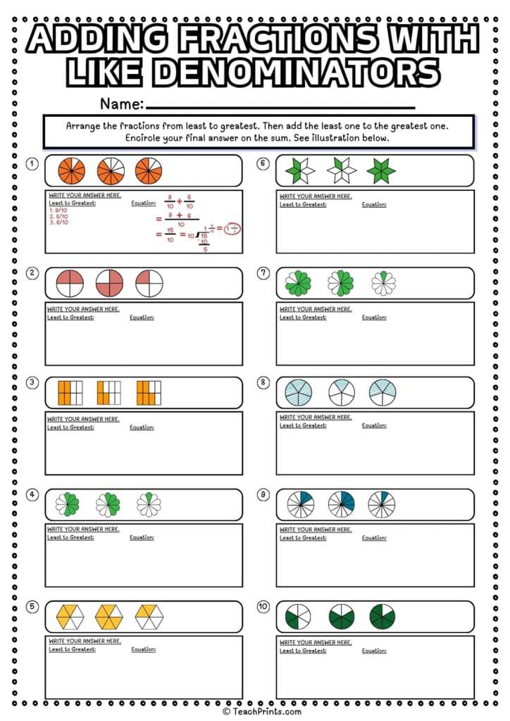 Free Adding Fractions with Like Denominators Worksheets - Teach Prints