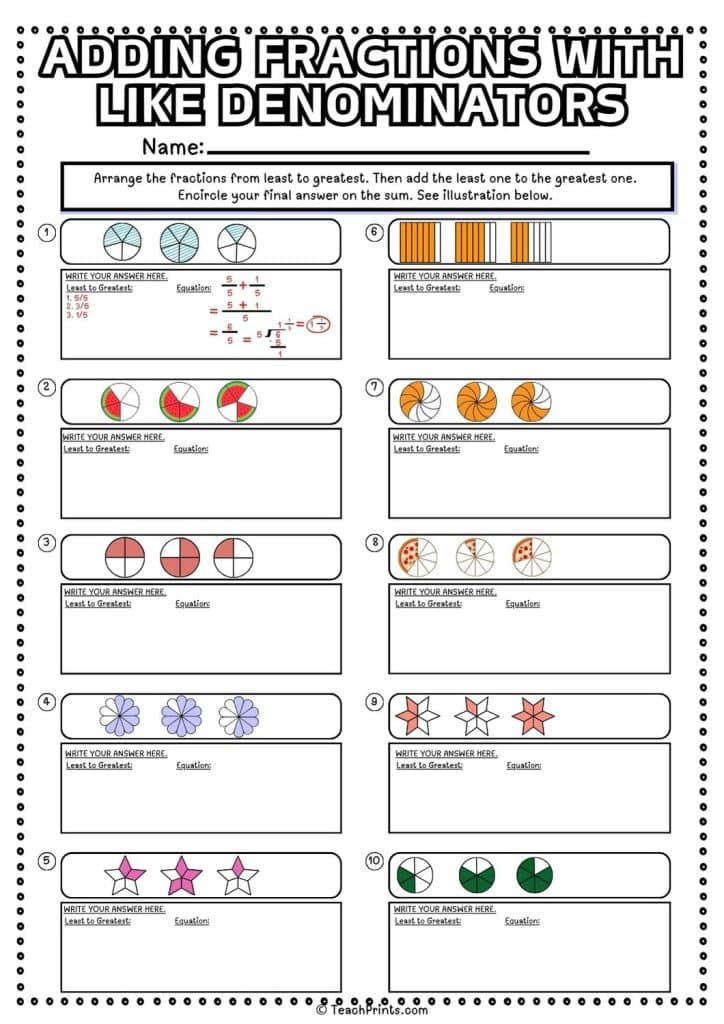 Free Adding Fractions with Like Denominators Worksheets - Teach Prints