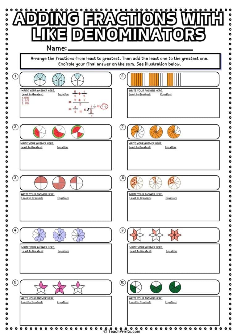Free Adding Fractions with Like Denominators Worksheets - Teach Prints