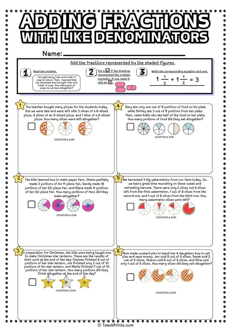 Free Adding Fractions with Like Denominators Worksheets - Teach Prints