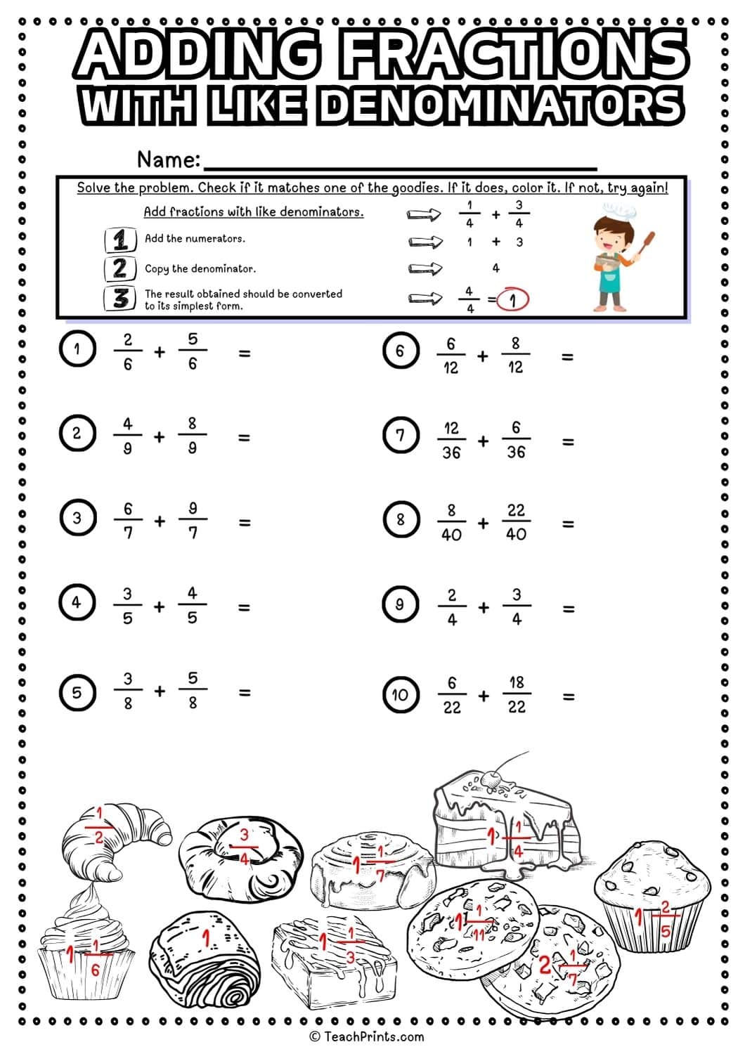 Free Adding Fractions with Like Denominators Worksheets - Teach Prints