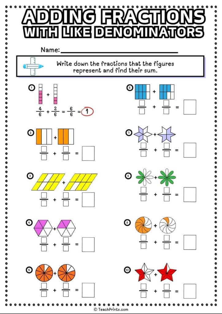 Free Adding Fractions with Like Denominators Worksheets - Teach Prints