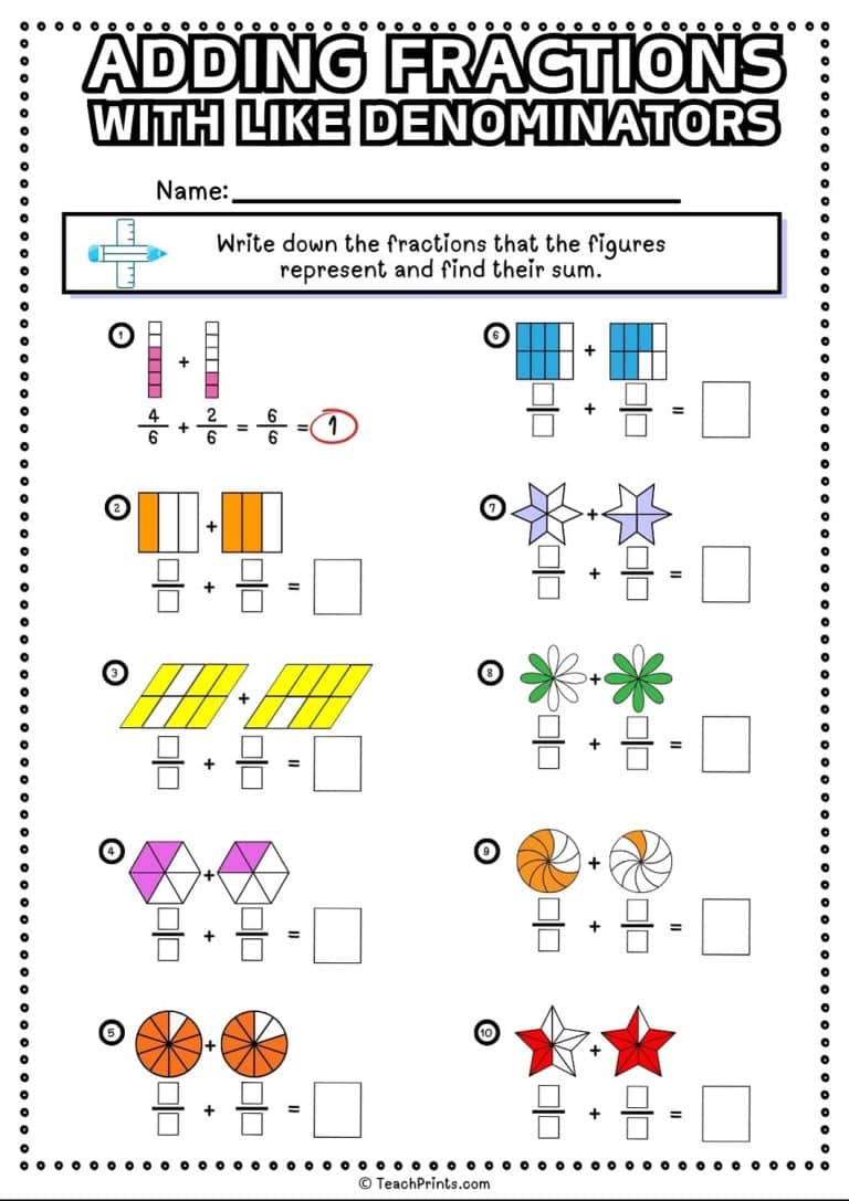 Free Adding Fractions with Like Denominators Worksheets - Teach Prints