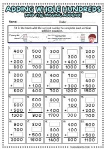 Free Adding Whole Hundreds Worksheets - Teach Prints