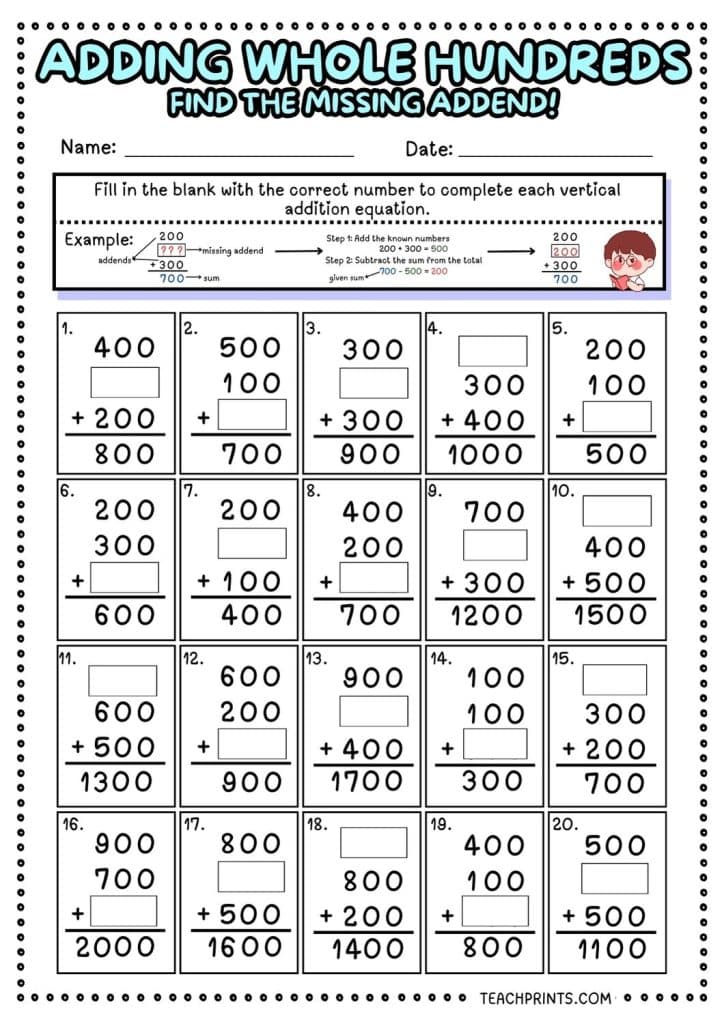 Free Adding Whole Hundreds Worksheets - Teach Prints
