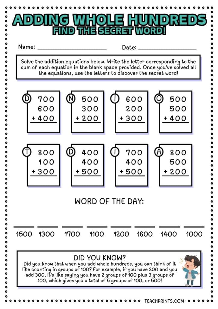 Free Adding Whole Hundreds Worksheets - Teach Prints