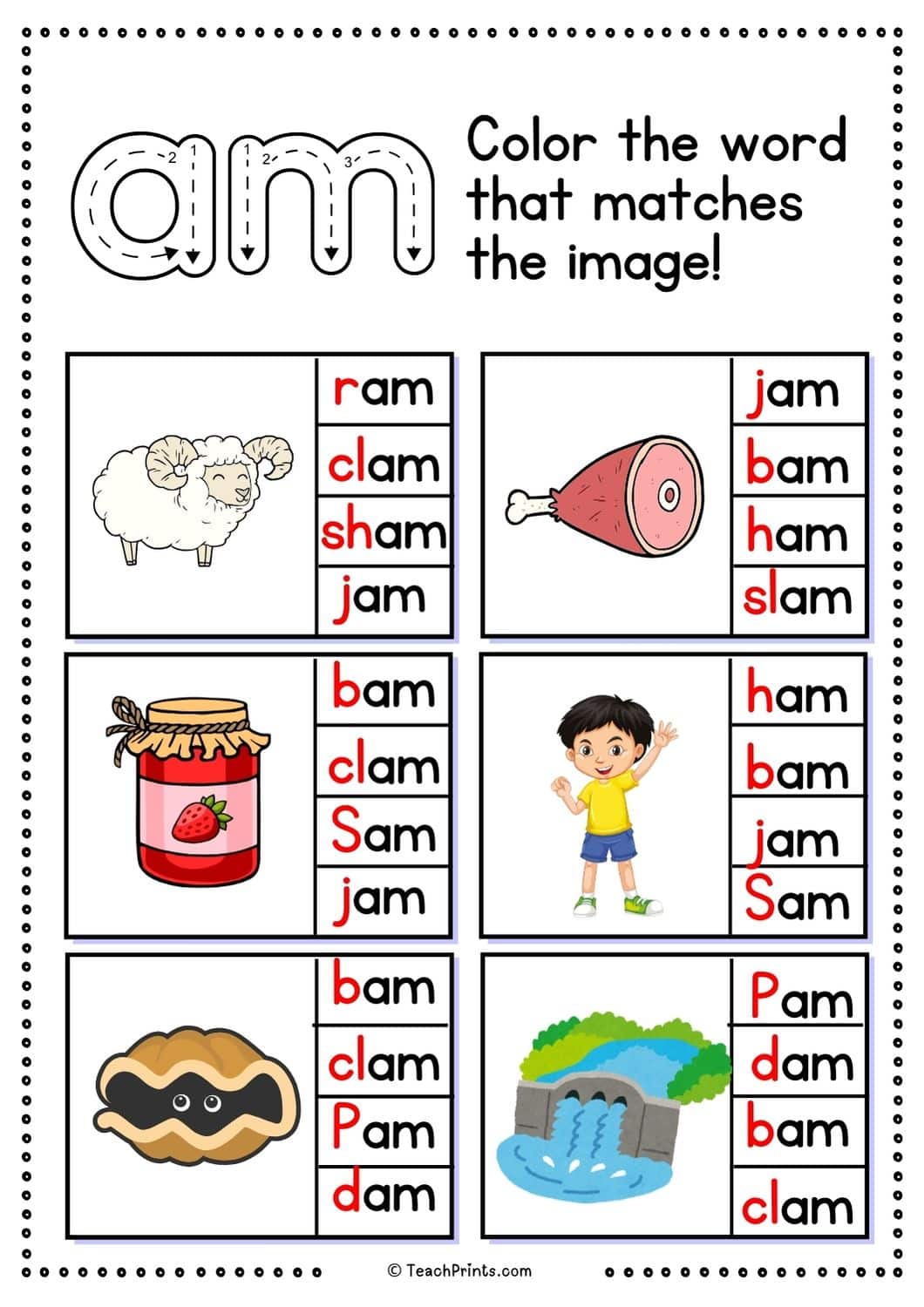 Free 'am' Word Family Worksheets - Teach Prints