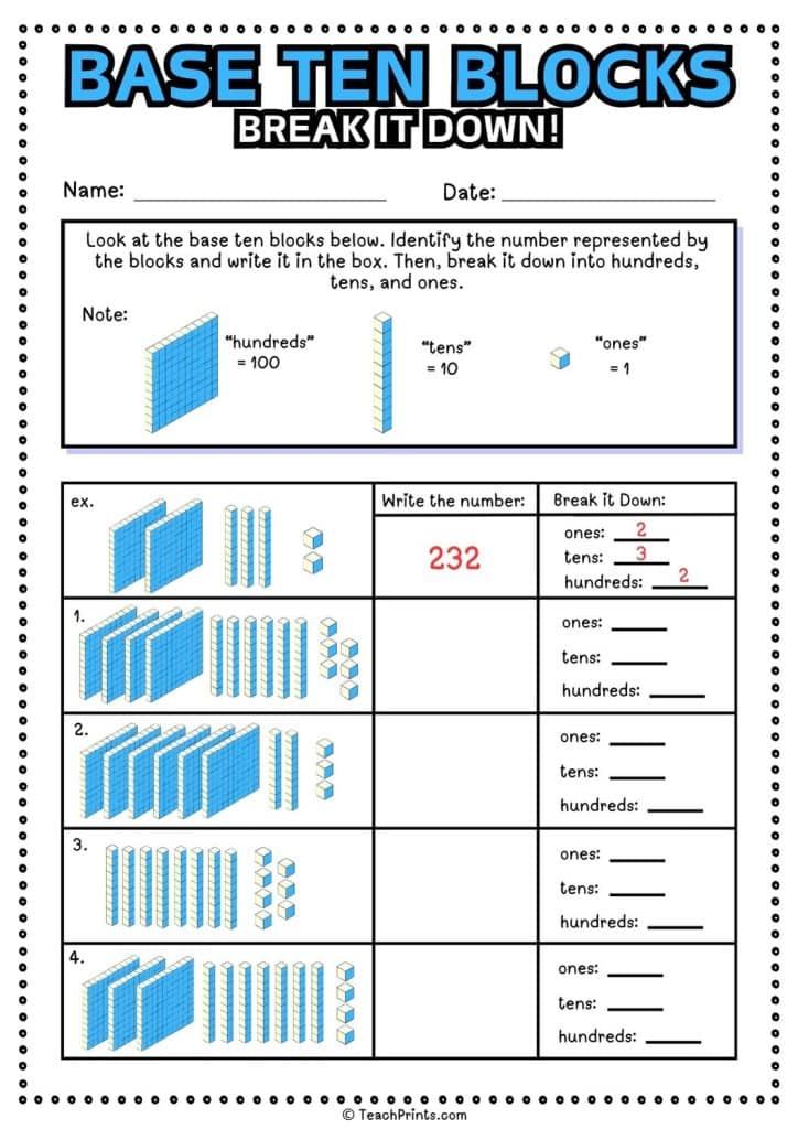 Free Base Ten Blocks Worksheets - Teach Prints