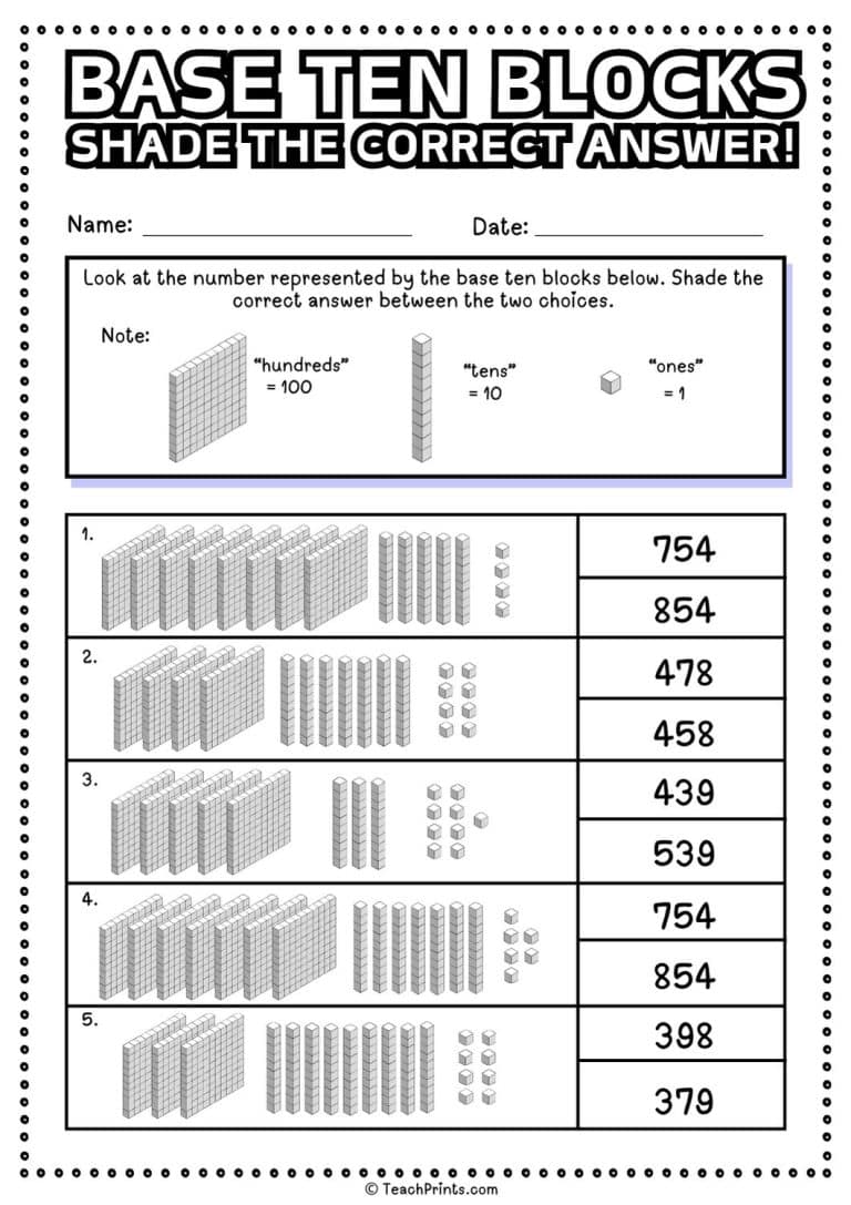 Free Base Ten Blocks Worksheets - Teach Prints