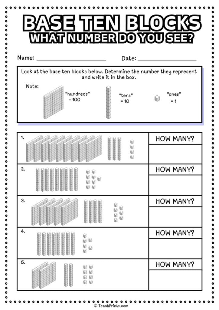 Free Base Ten Blocks Worksheets - Teach Prints