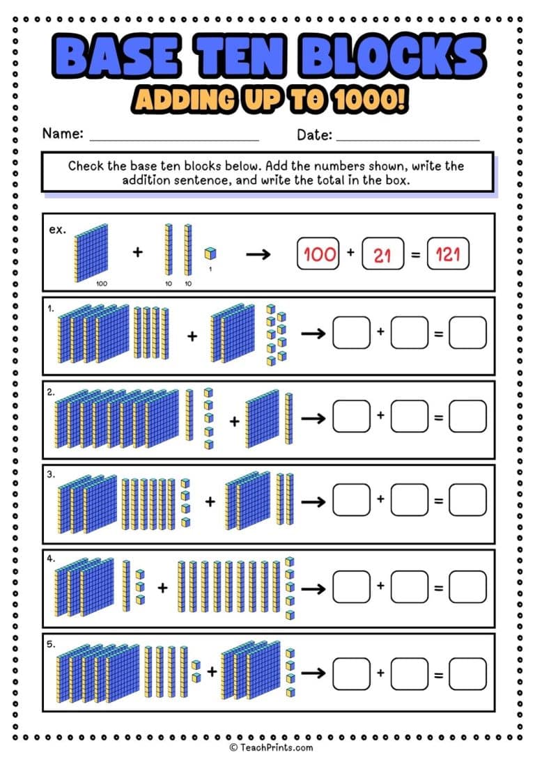 Free Base Ten Blocks Worksheets - Teach Prints