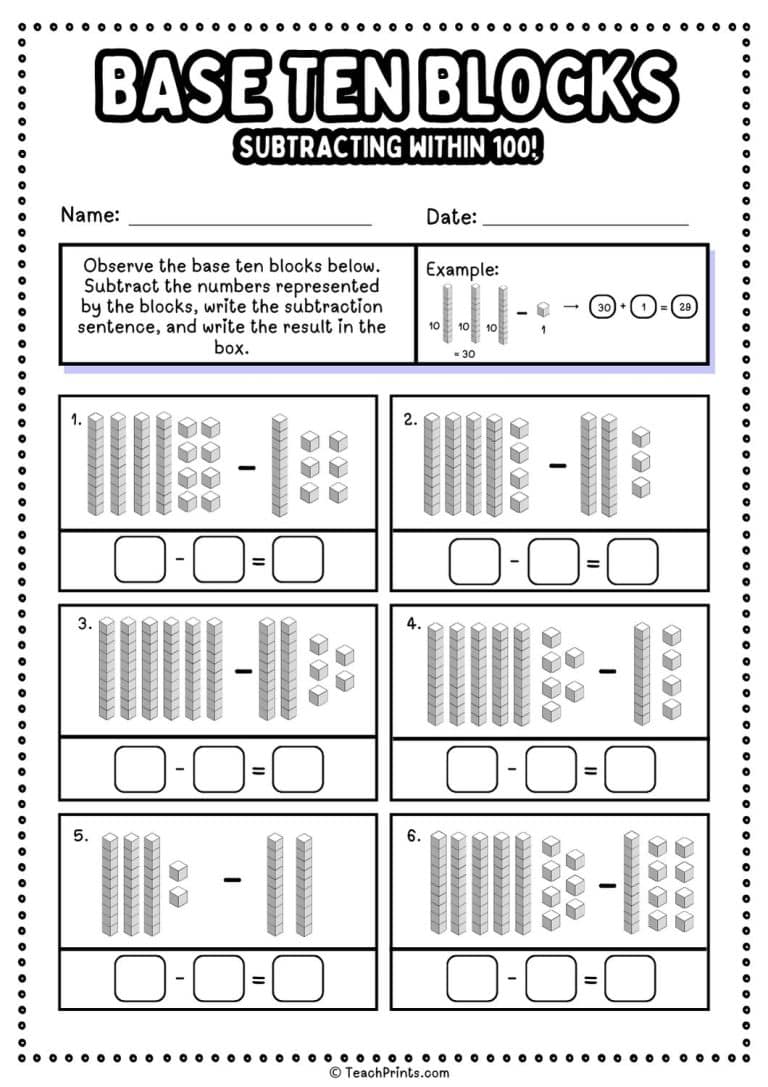 Free Base Ten Blocks Worksheets - Teach Prints
