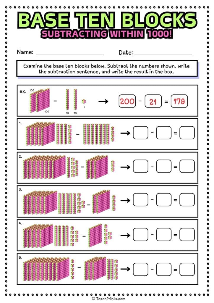 Free Base Ten Blocks Worksheets - Teach Prints