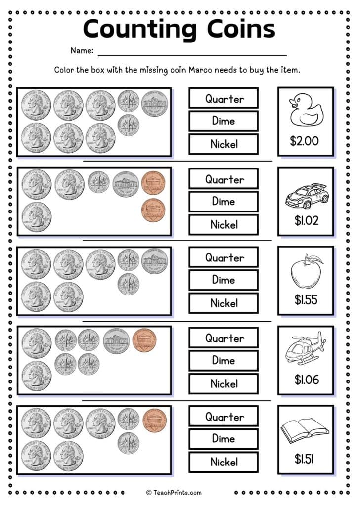 Free Counting Money and Coins Worksheets - Teach Prints