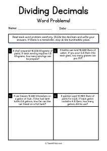 Free Dividing Decimals Worksheets - Teach Prints