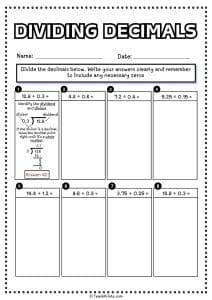 Free Dividing Decimals Worksheets - Teach Prints