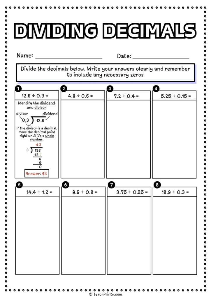Free Dividing Decimals Worksheets - Teach Prints