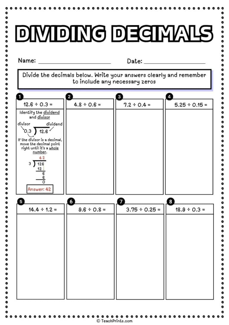 Free Dividing Decimals Worksheets - Teach Prints