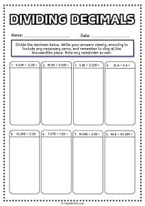 Free Dividing Decimals Worksheets - Teach Prints