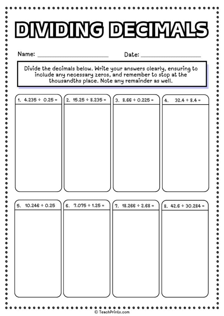 Free Dividing Decimals Worksheets - Teach Prints