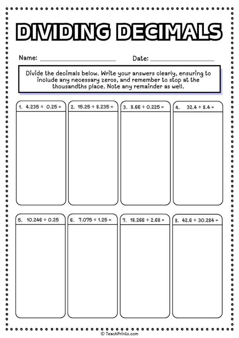 Free Dividing Decimals Worksheets - Teach Prints