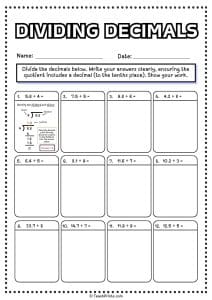 Free Dividing Decimals Worksheets - Teach Prints