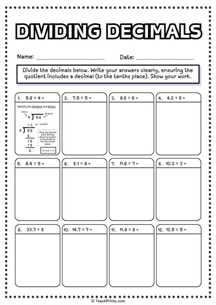 Free Dividing Decimals Worksheets - Teach Prints