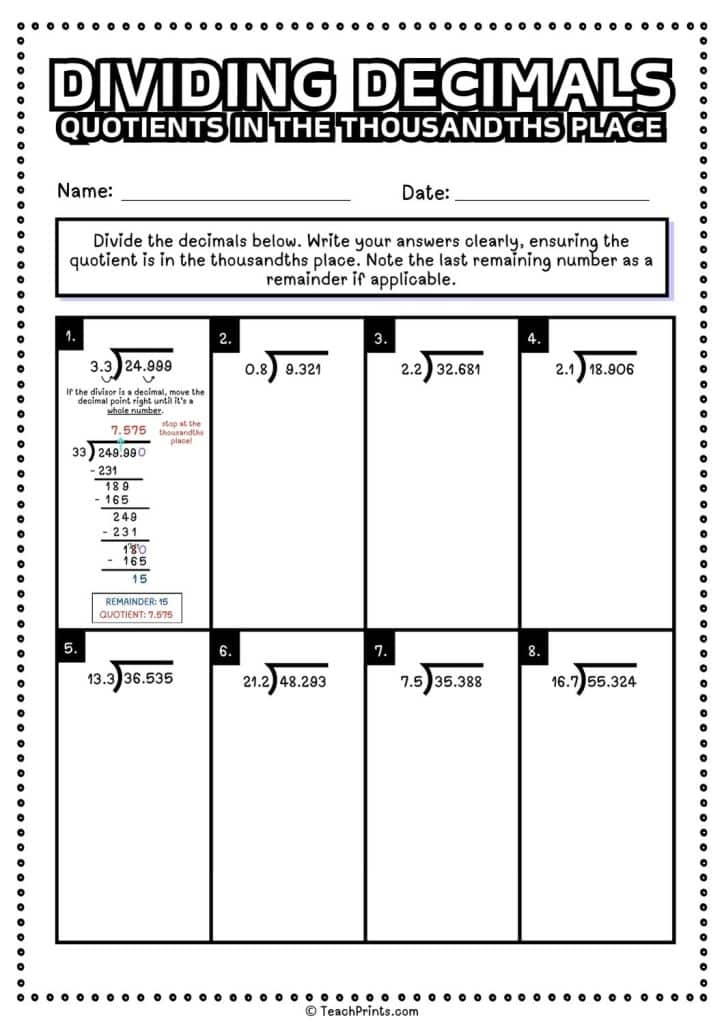 Free Dividing Decimals Worksheets - Teach Prints