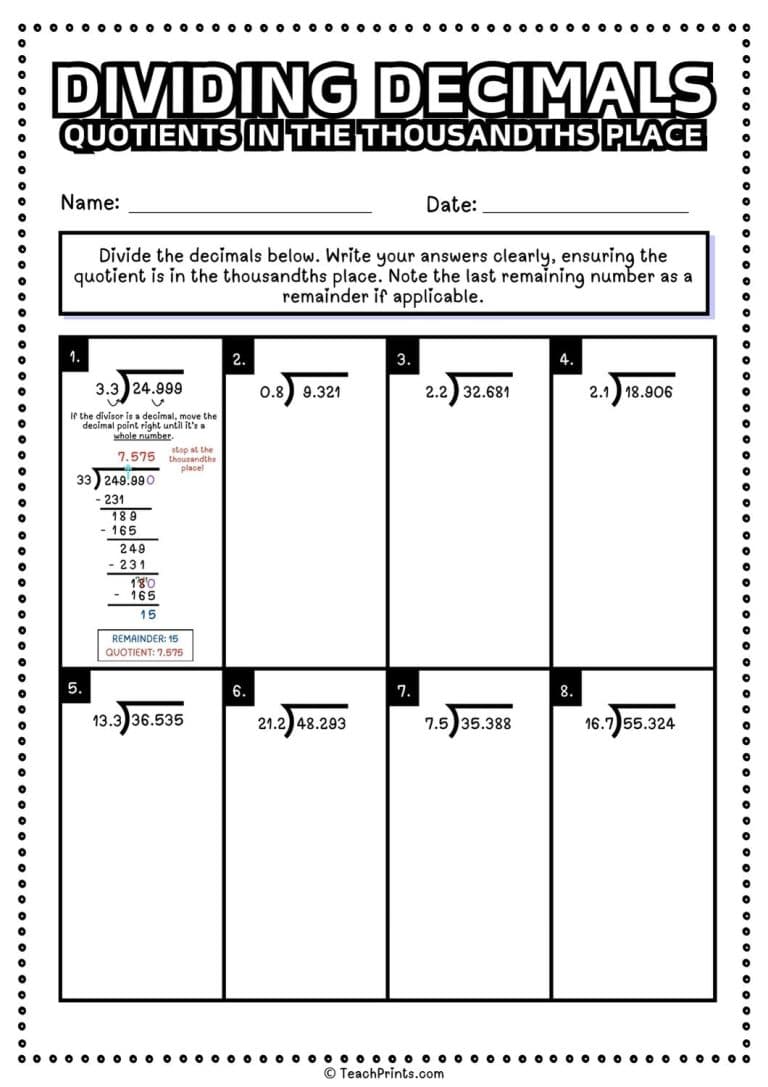Free Dividing Decimals Worksheets - Teach Prints