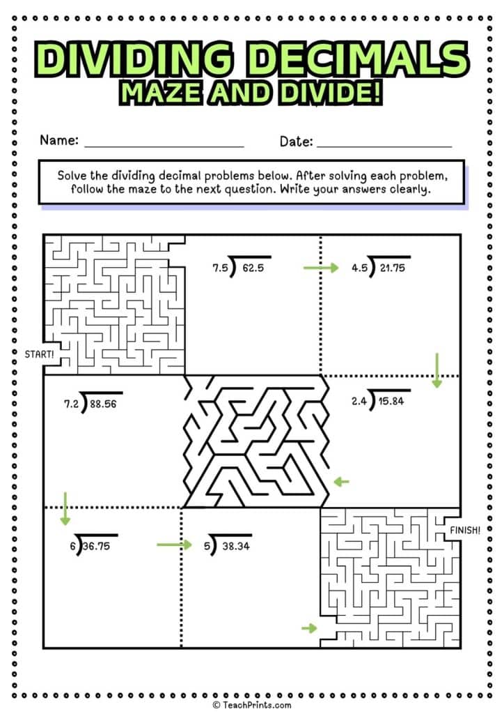Free Dividing Decimals Worksheets - Teach Prints