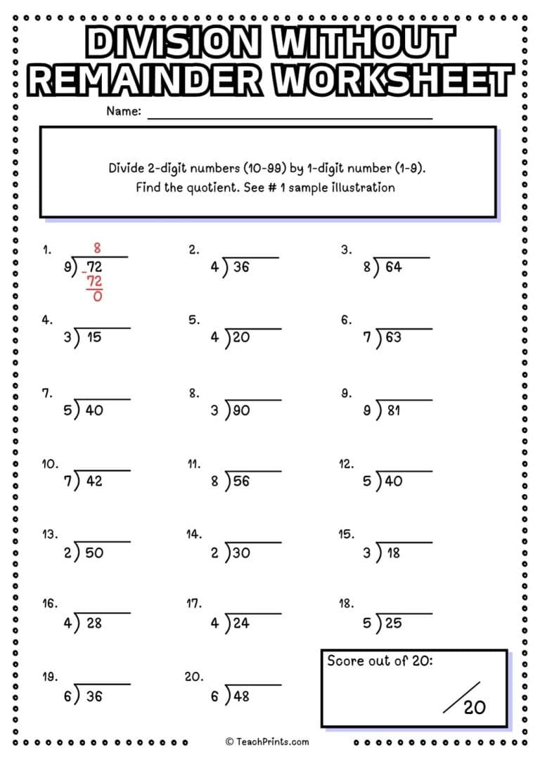 Division Without Remainder Worksheets (Free to Print) - Teach Prints