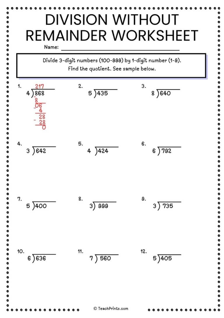 Division Without Remainder Worksheets (Free to Print) - Teach Prints
