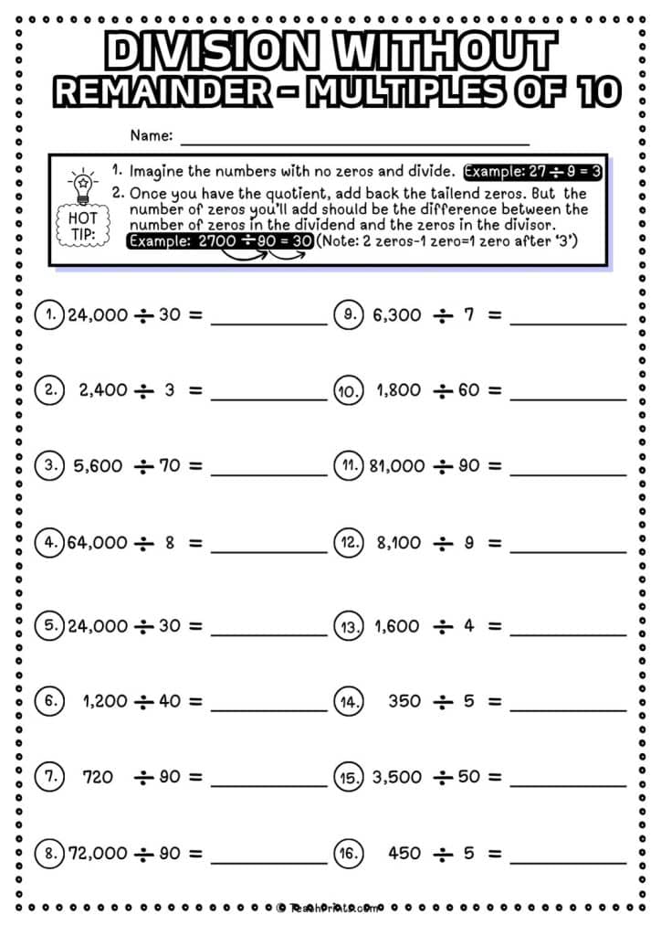 Division Without Remainder Worksheets (Free to Print) - Teach Prints