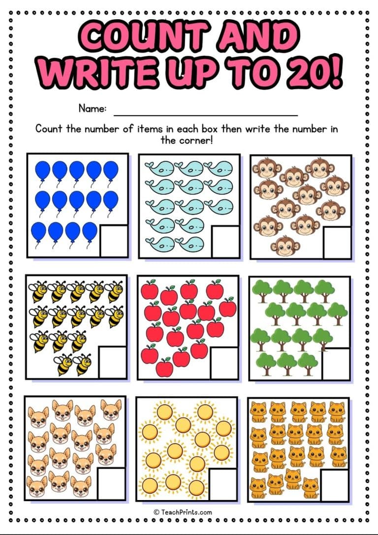Free 1-20 Counting Worksheets - Teach Prints