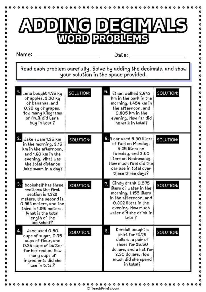Free Adding Decimals Worksheets - Teach Prints