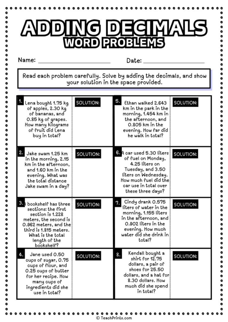 Free Adding Decimals Worksheets - Teach Prints