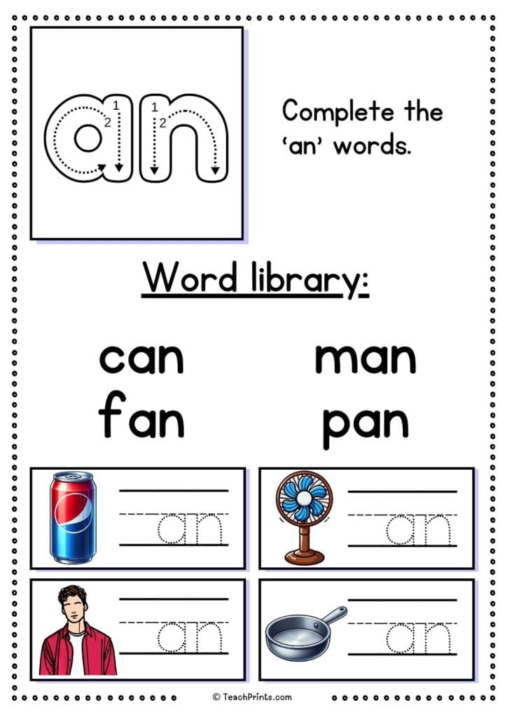 Free 'an' Word Family Worksheets - Teach Prints