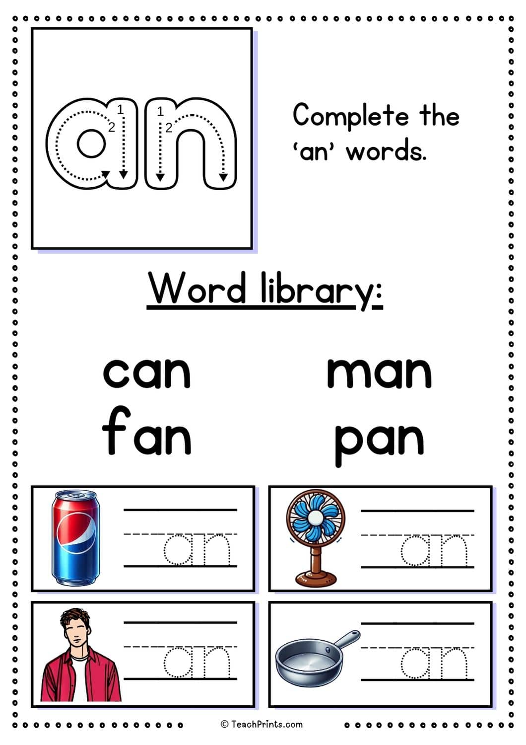 Free 'an' Word Family Worksheets - Teach Prints