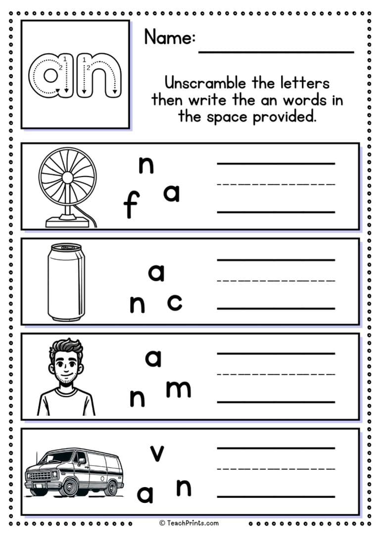 Free 'an' Word Family Worksheets - Teach Prints