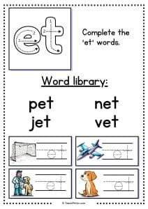 Free 'et' Word Family Worksheets - Teach Prints