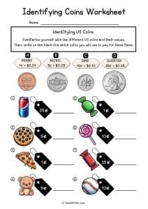 Free Identifying Coins Worksheets - Teach Prints