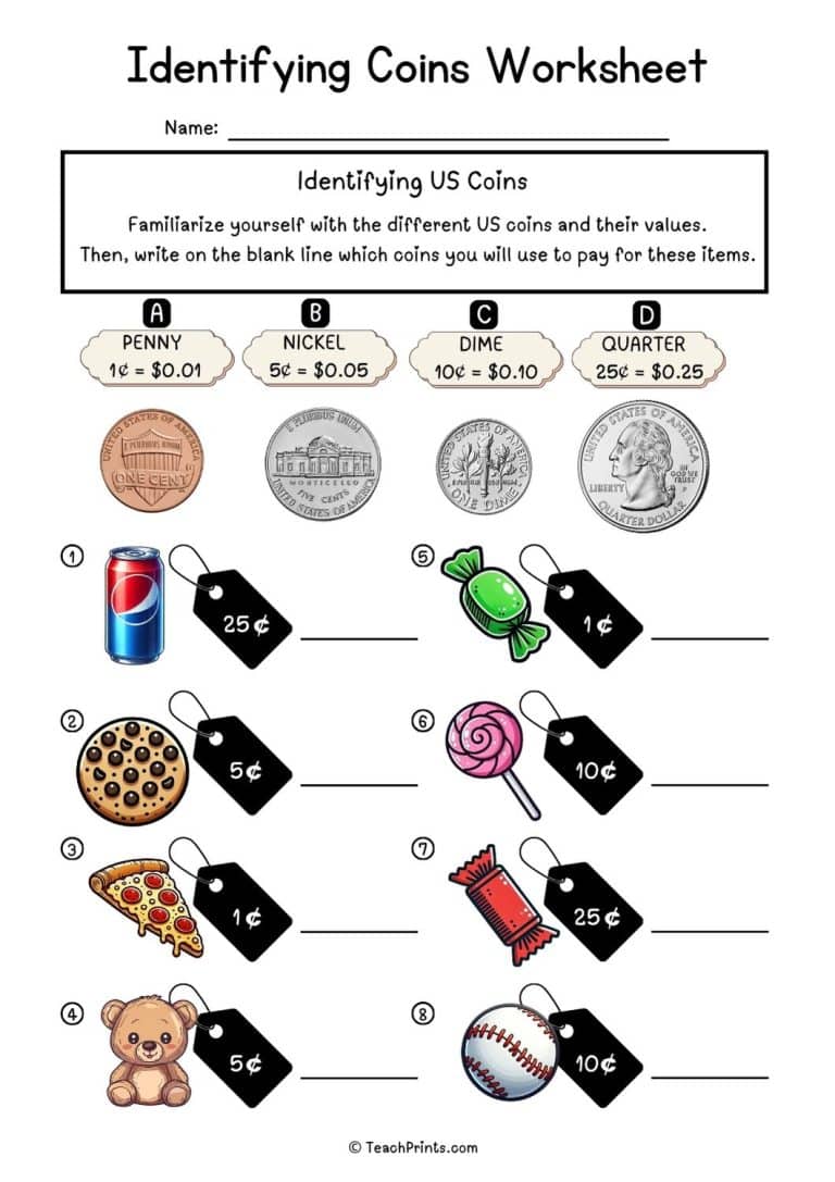 Free Identifying Coins Worksheets - Teach Prints