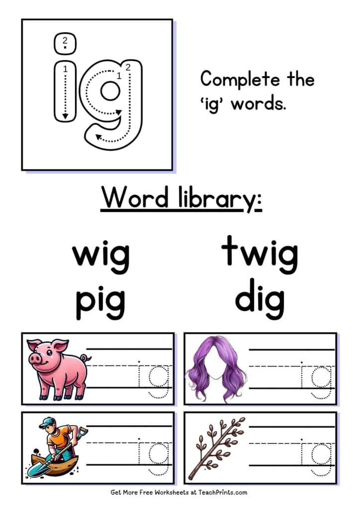Free 'ig' Word Family Worksheets - Teach Prints
